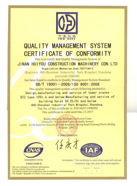 จีน Jinan Avitt International Trade Co., Ltd-HYCM Tower Crane ควบคุมคุณภาพ